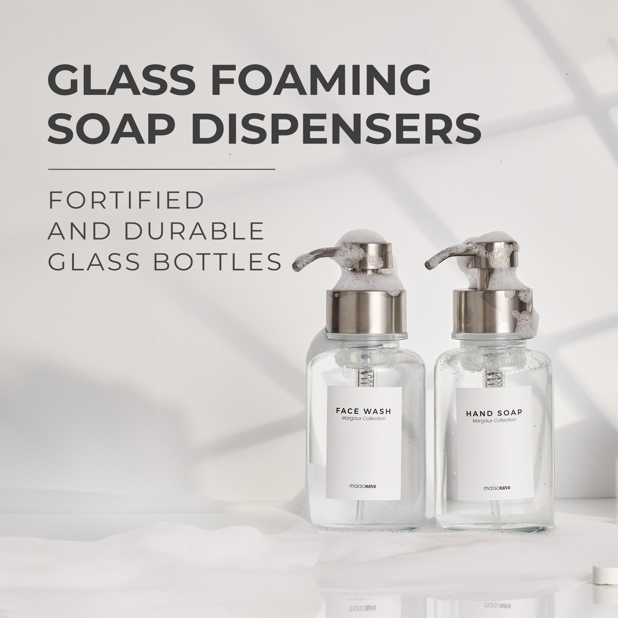 MaisoNovo Glass Foaming Soap Dispenser 14 Oz | Clear Glass Silver Pumps x 2