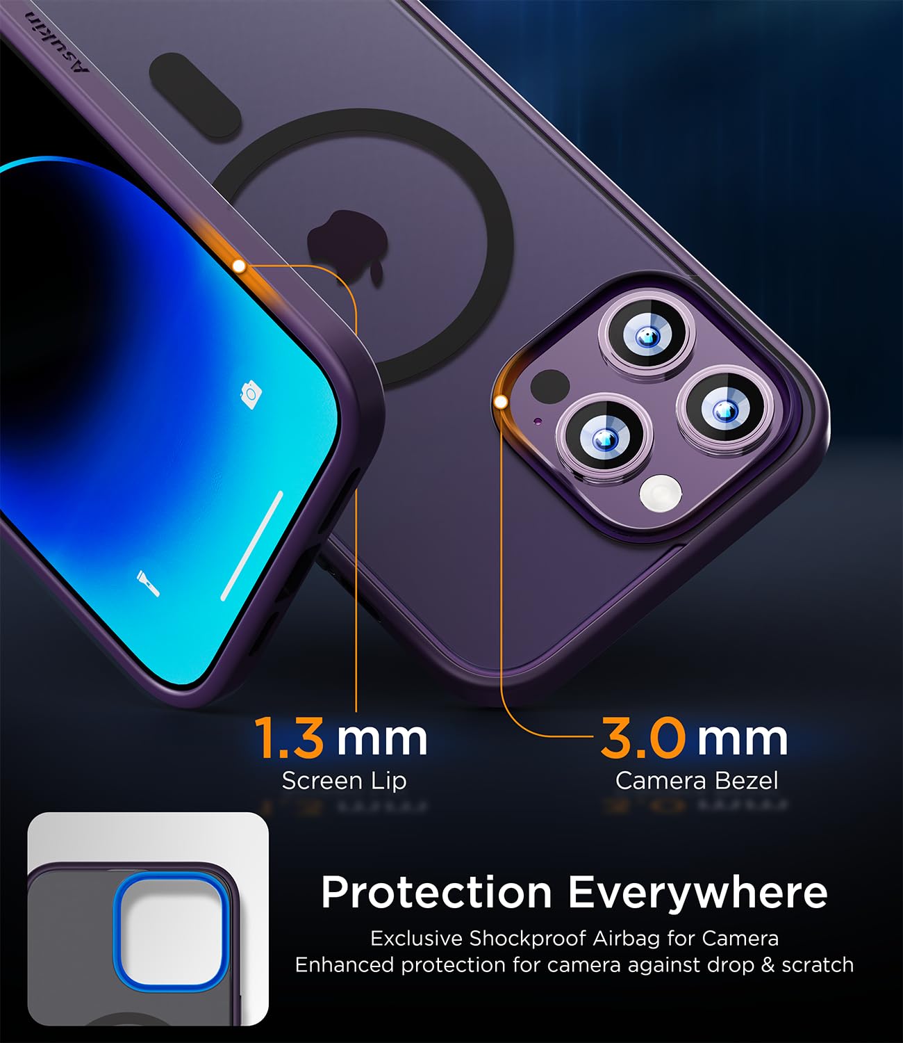 Asukin for iPhone 14 Pro Case, Strong Magnet-Compatible with MagSafe, Shockproof Military-Grade Protection, Slim Mag Safe Thin Bumper Phone Cover 6.1 in for Apple 14pro (Matte Purple)