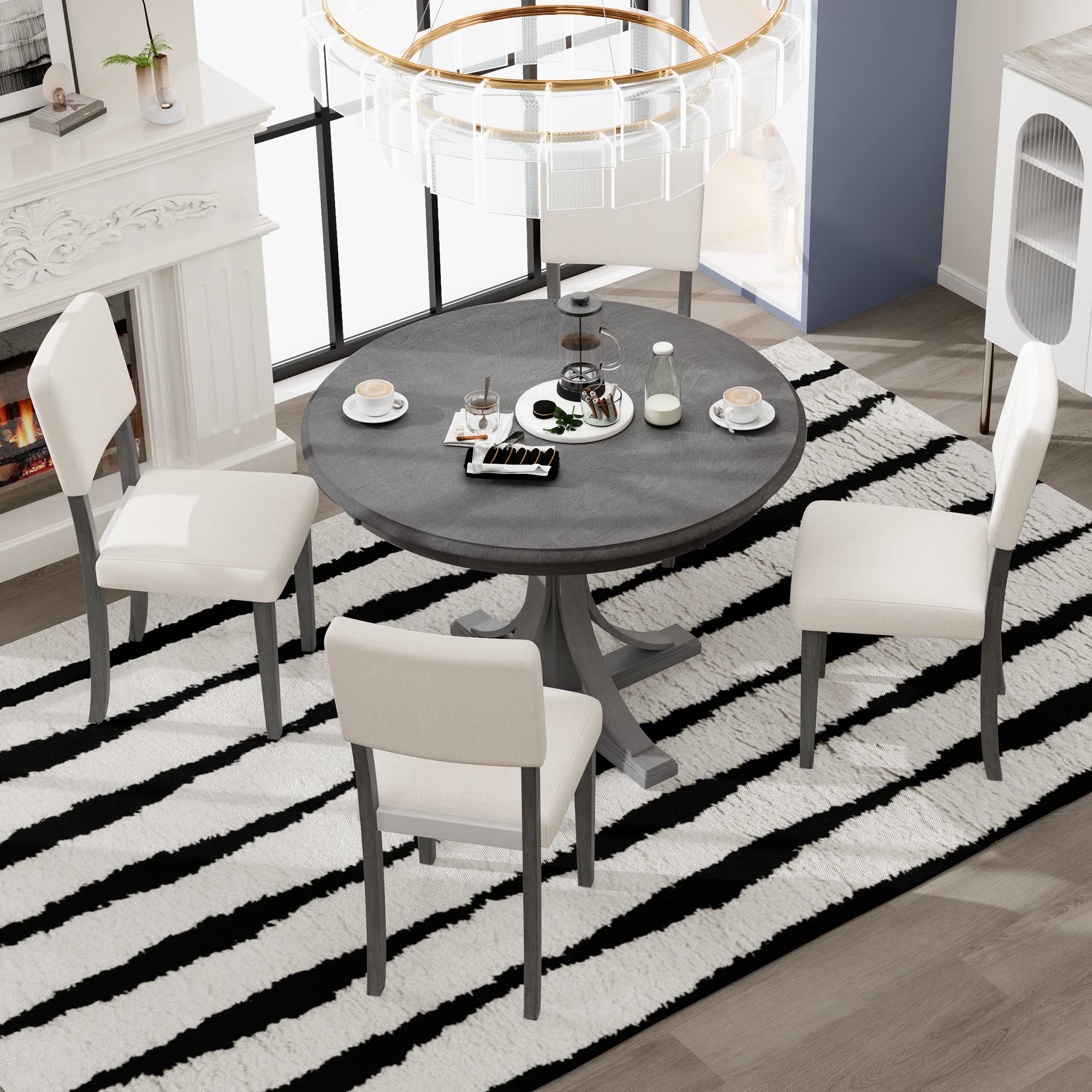Harper & Bright Designs 5 Pieces Dining Table Set Round Wood Dining Table with Curved Trestle Legs and 4 Upholstered Chairs for Dining Room and Living Room, Kitchen Furniture Retro Style (Dark Gray)