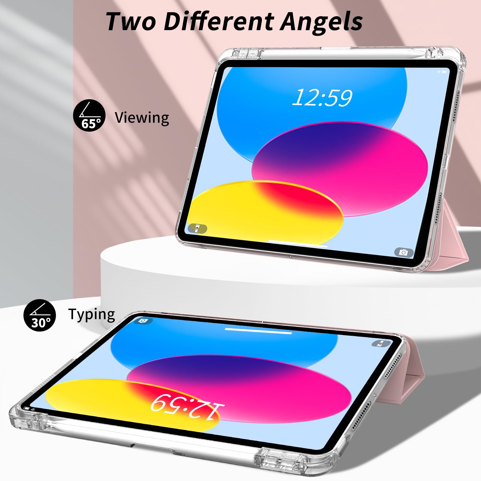 KVTVOU 10th Generation Case 2022 Built-in with Pencil Holder, Auto Wake/Sleep, Clear & Slim Back with Trifold Stand Protective Cover for 10th Gen 2022 Mdoel 10.9 Inch Case, Light Pink