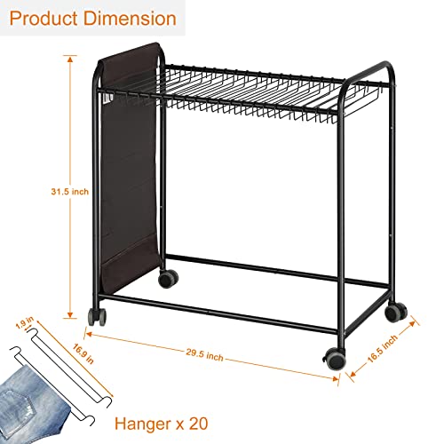 Pants Hanger Rolling Pants Trolley Pant Rack with 20 Hangers and Side Bag Multifunctional Closet Organizer for Jeans Scarf Skirts Trouser Blanket, Black