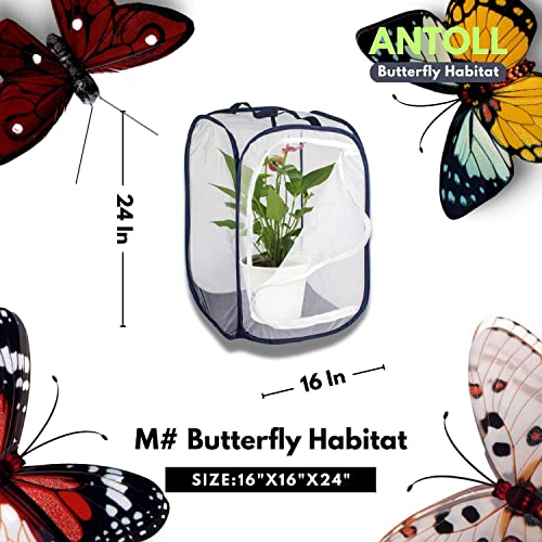 Antoll 3Pcs 24" M Size Blue Butterfly Habitat Cage, Monarch Butterfly Habitat, Butterfly Cage for Caterpillars, Flying Insect Mesh Cage, Outdoor Observation Plant, Pop-Up Open Size: 16"x16"x24"