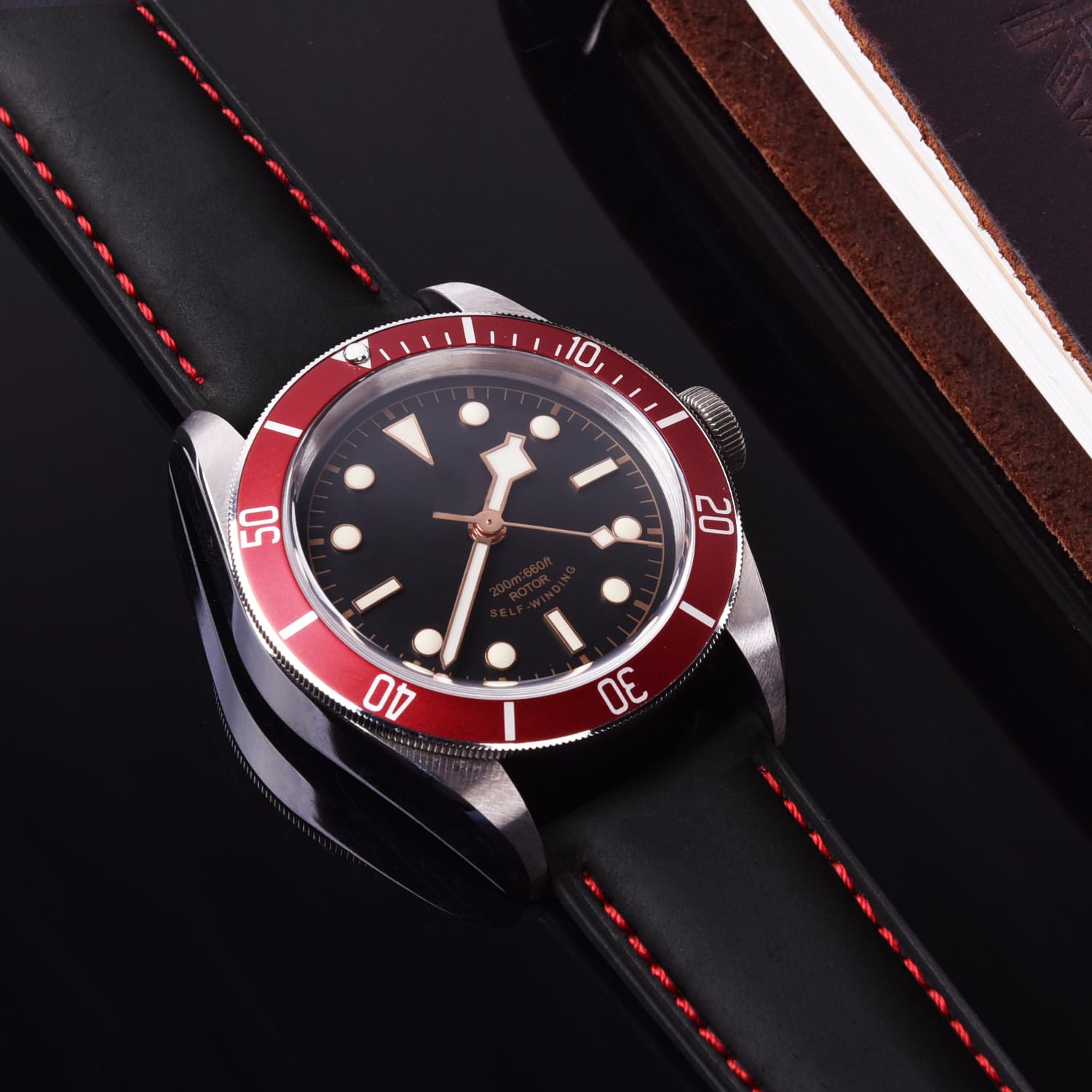 Ritche Quick Release Leather Watch Band 18mm 19mm 20mm 21mm 22mm 23mm 24mm Leather Watch Strap, Black & Red & Black, 22 mm, Classic