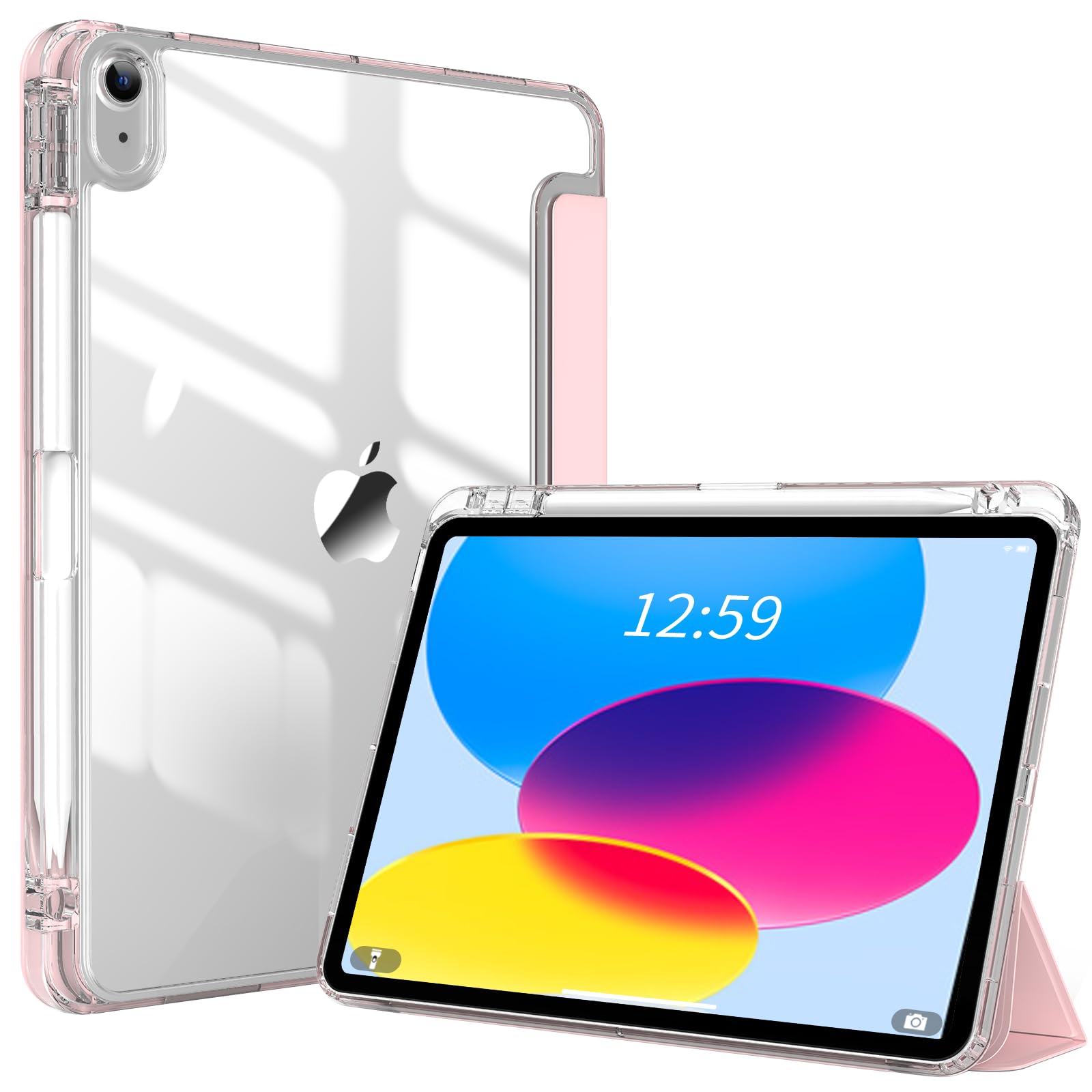 KVTVOU 10th Generation Case 2022 Built-in with Pencil Holder, Auto Wake/Sleep, Clear & Slim Back with Trifold Stand Protective Cover for 10th Gen 2022 Mdoel 10.9 Inch Case, Light Pink