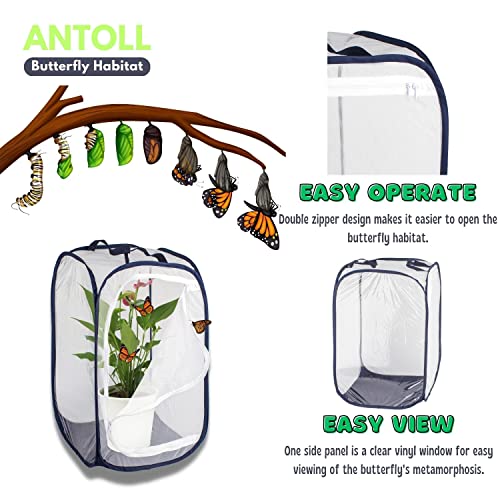 Antoll 3Pcs 24" M Size Blue Butterfly Habitat Cage, Monarch Butterfly Habitat, Butterfly Cage for Caterpillars, Flying Insect Mesh Cage, Outdoor Observation Plant, Pop-Up Open Size: 16"x16"x24"