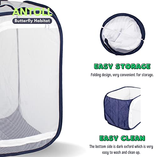 Antoll 3Pcs 24" M Size Blue Butterfly Habitat Cage, Monarch Butterfly Habitat, Butterfly Cage for Caterpillars, Flying Insect Mesh Cage, Outdoor Observation Plant, Pop-Up Open Size: 16"x16"x24"