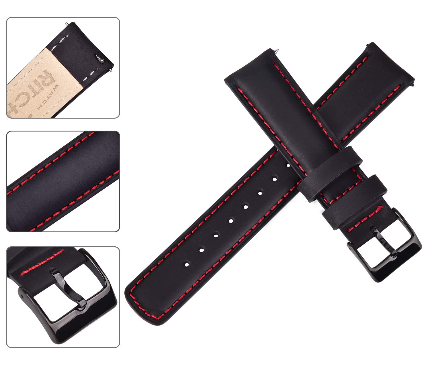 Ritche Quick Release Leather Watch Band 18mm 19mm 20mm 21mm 22mm 23mm 24mm Leather Watch Strap, Black & Red & Black, 22 mm, Classic