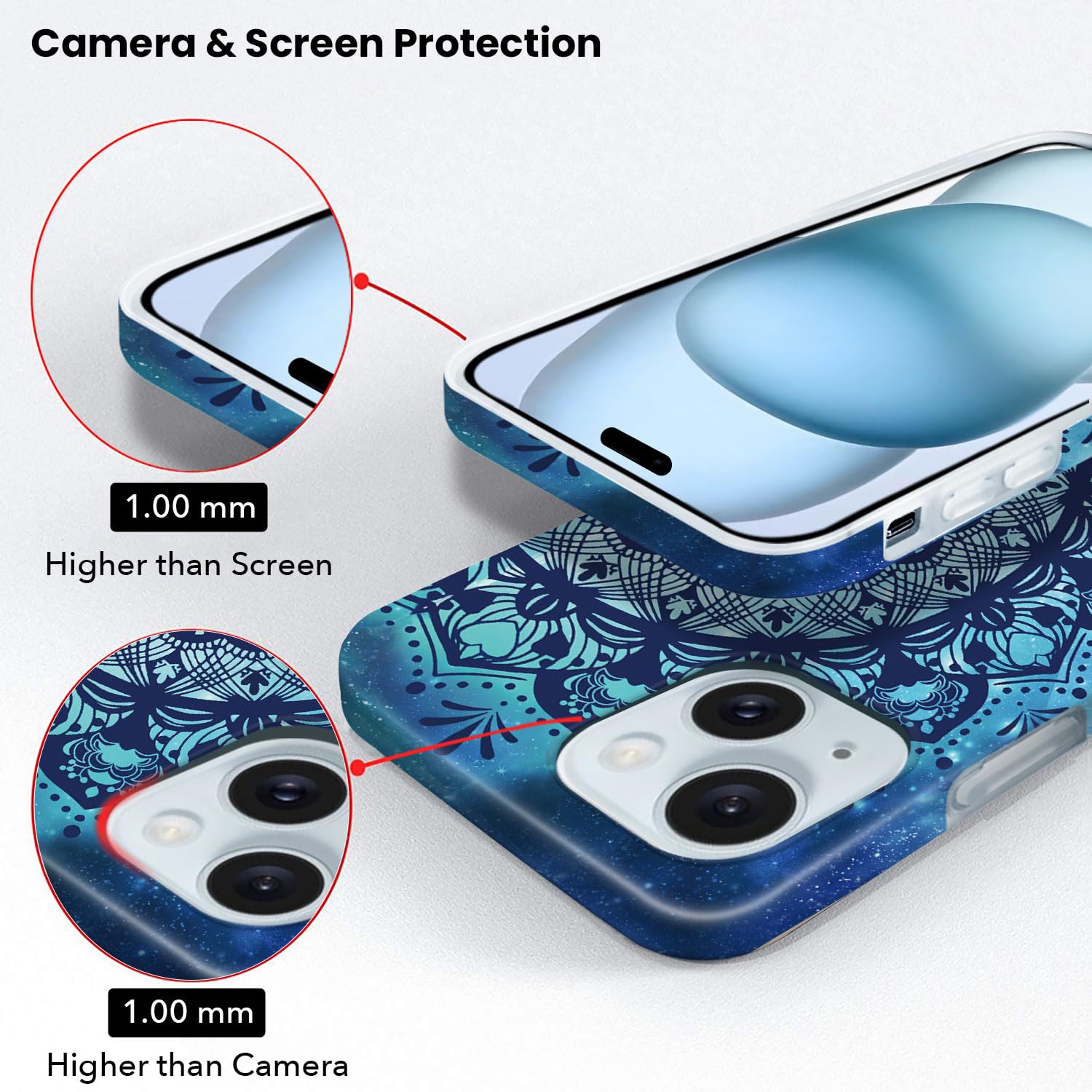 Hi Space Case Compatible with iPhone 15 Plus 2023 6.7 Inch, Slim Shockproof Full Body Rugged Hard Protective Cover, Datura Mandala