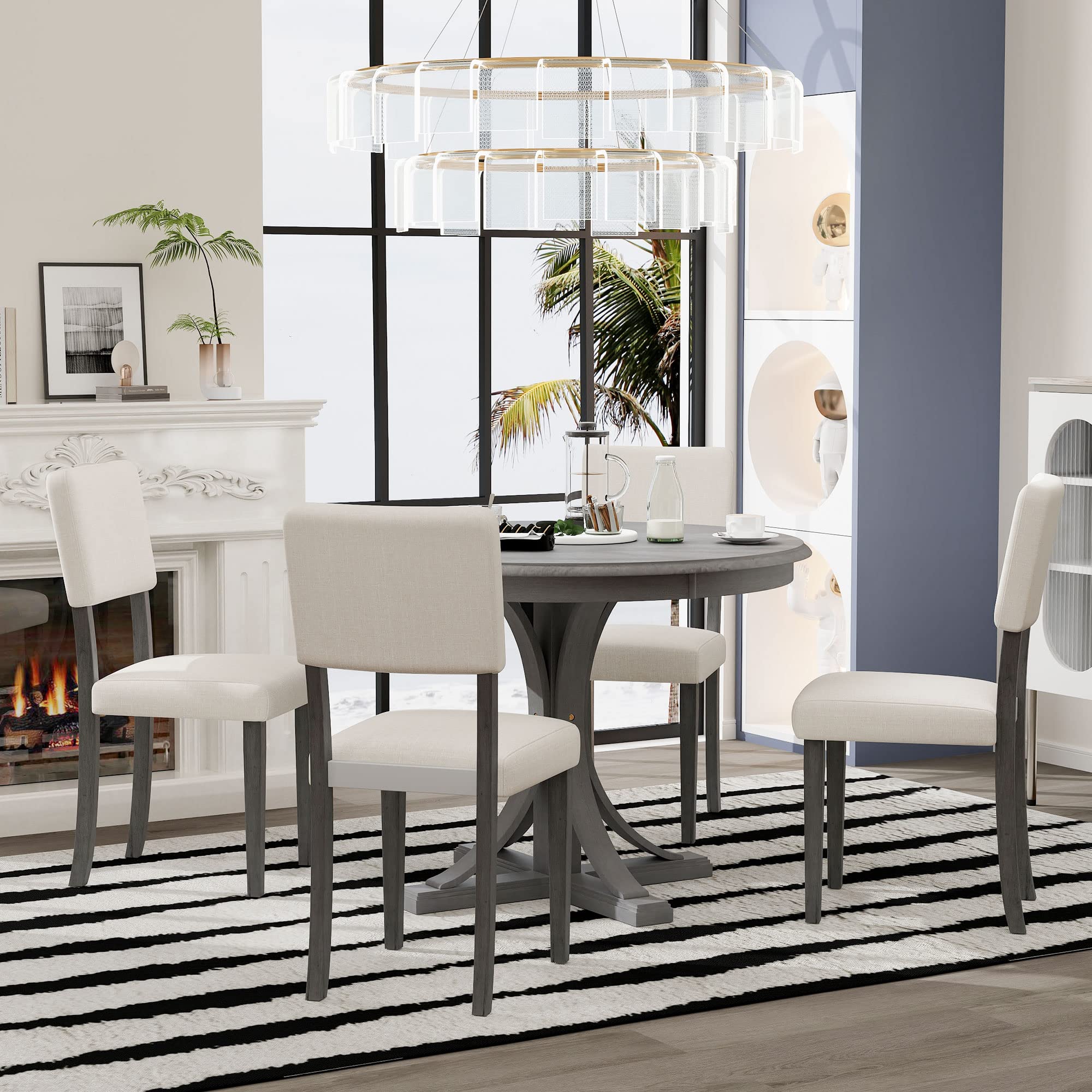 Harper & Bright Designs 5 Pieces Dining Table Set Round Wood Dining Table with Curved Trestle Legs and 4 Upholstered Chairs for Dining Room and Living Room, Kitchen Furniture Retro Style (Dark Gray)