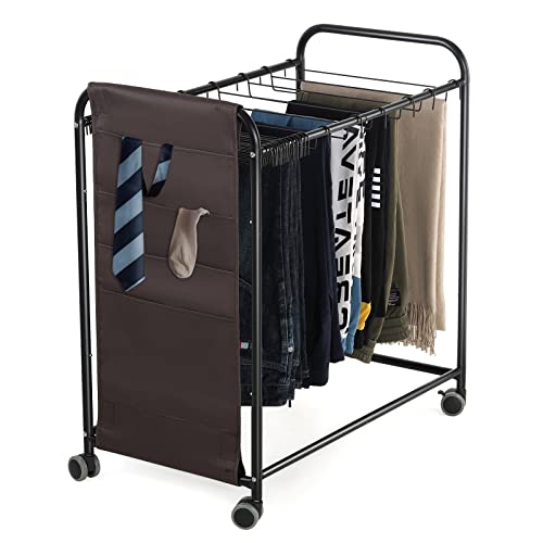 Pants Hanger Rolling Pants Trolley Pant Rack with 20 Hangers and Side Bag Multifunctional Closet Organizer for Jeans Scarf Skirts Trouser Blanket, Black