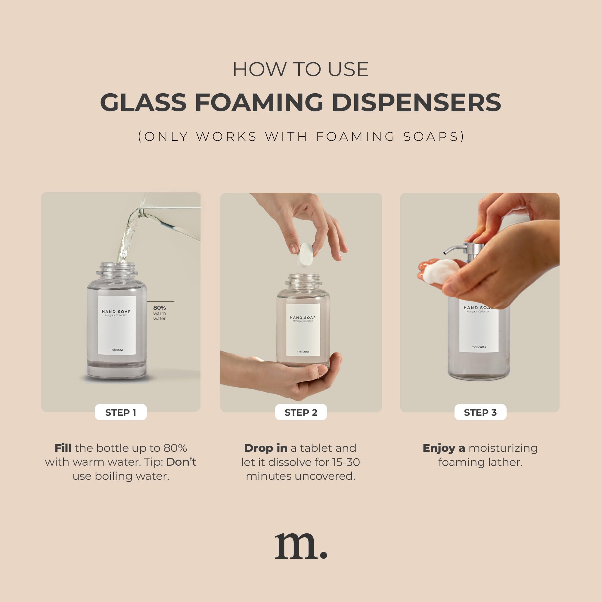 MaisoNovo Glass Foaming Soap Dispenser 14 Oz | Clear Glass Silver Pumps x 2