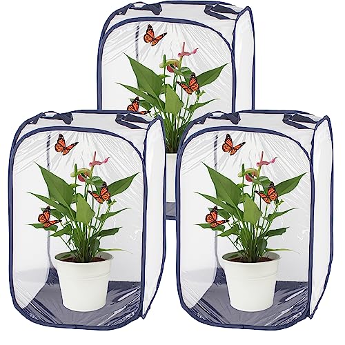 Antoll 3Pcs 24" M Size Blue Butterfly Habitat Cage, Monarch Butterfly Habitat, Butterfly Cage for Caterpillars, Flying Insect Mesh Cage, Outdoor Observation Plant, Pop-Up Open Size: 16"x16"x24"
