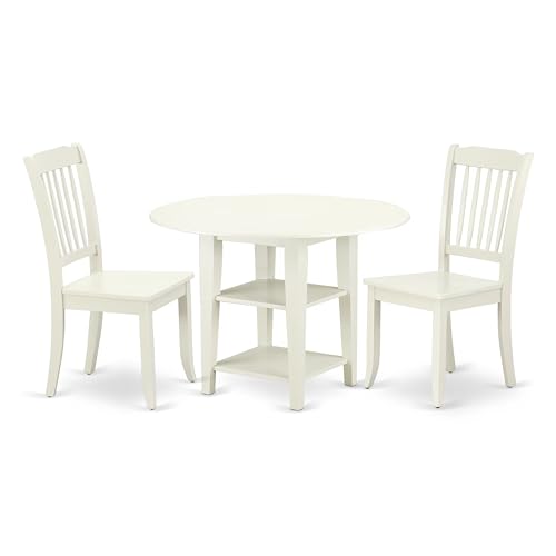 East West Furniture SUDA3-LWH-W 3 Piece Dining Room Table Set Contains a Round Dining Table with Dropleaf & Shelves and 2 Wood Seat Chairs, 42x42 Inch, Linen White