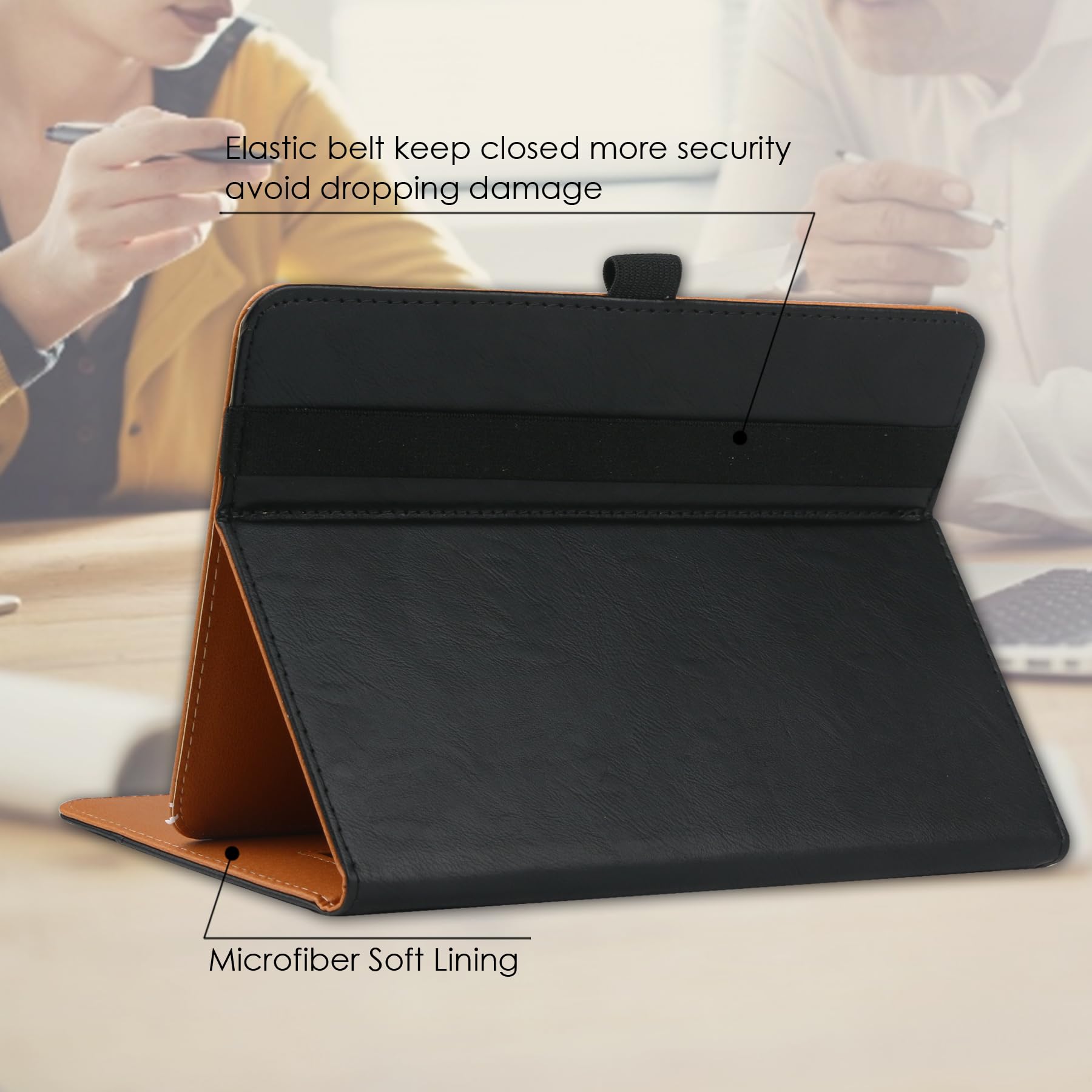 HGWALP Universal Case for 7inch-8inch Tablet,Multi-Viewing Angels PU Leather Stand Folio Case Cover with Handstrap for HD 7" 8" Touchscreen Tablet, with Adjustable Fixing Silicon Band-Black