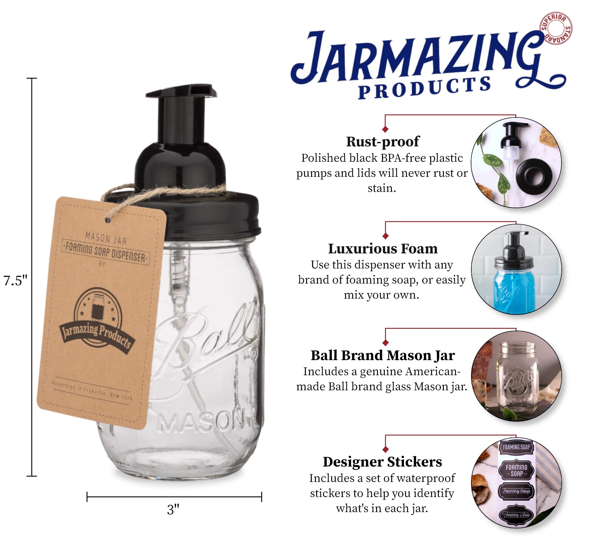 Jarmazing Products Mason Jar Foaming Soap Dispenser - Black - with 16 Ounce Ball Mason Jar - Two Pack!