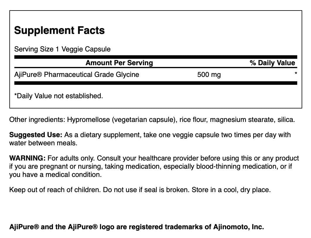 Swanson Amino Acid Ajipure Glycine Pharmaceutical Grade 500 Milligrams 60 Veg Capsules