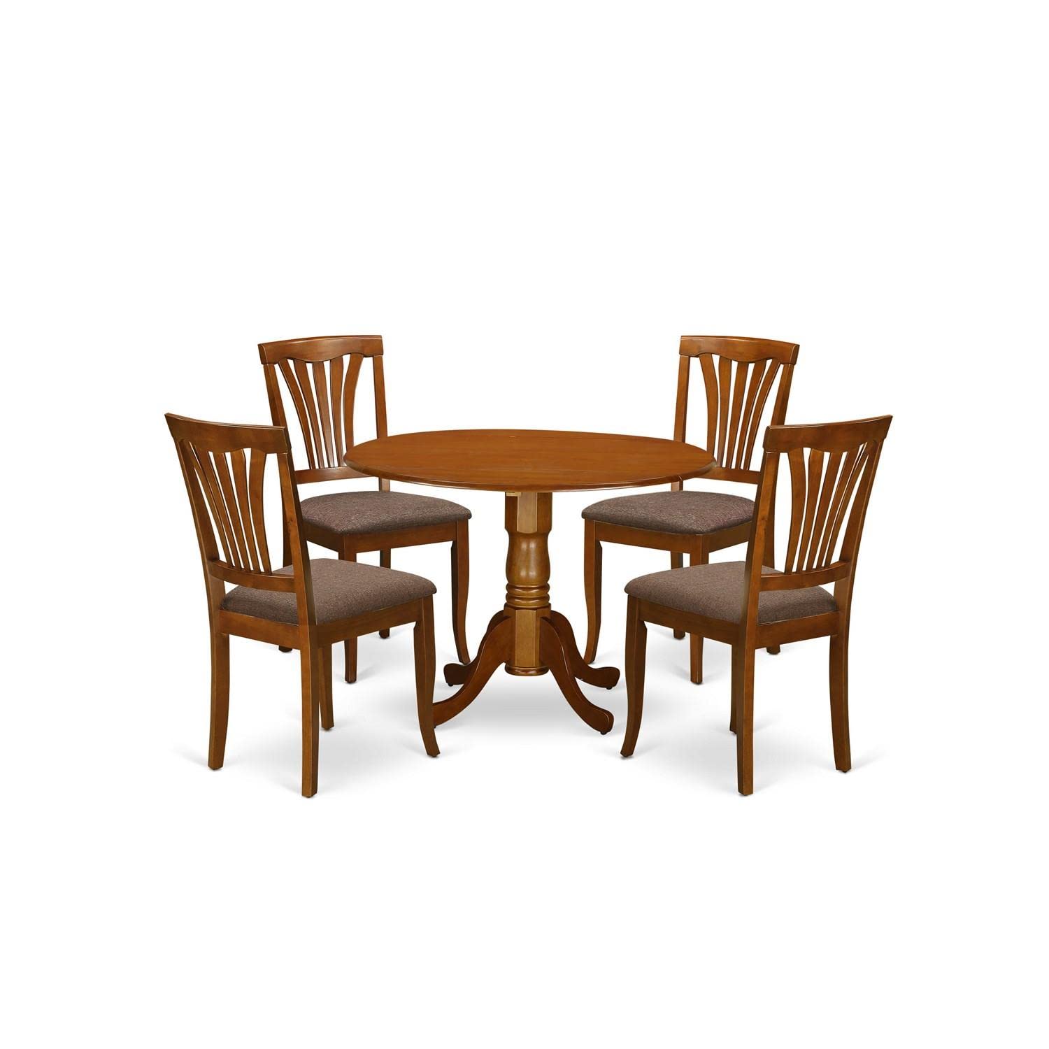 East West Furniture DLAV5-SBR-C 5 Piece Dinette Set for 4 Includes a Round Dining Table with Dropleaf and 4 Linen Fabric Dining Room Chairs, 42x42 Inch, Saddle Brown