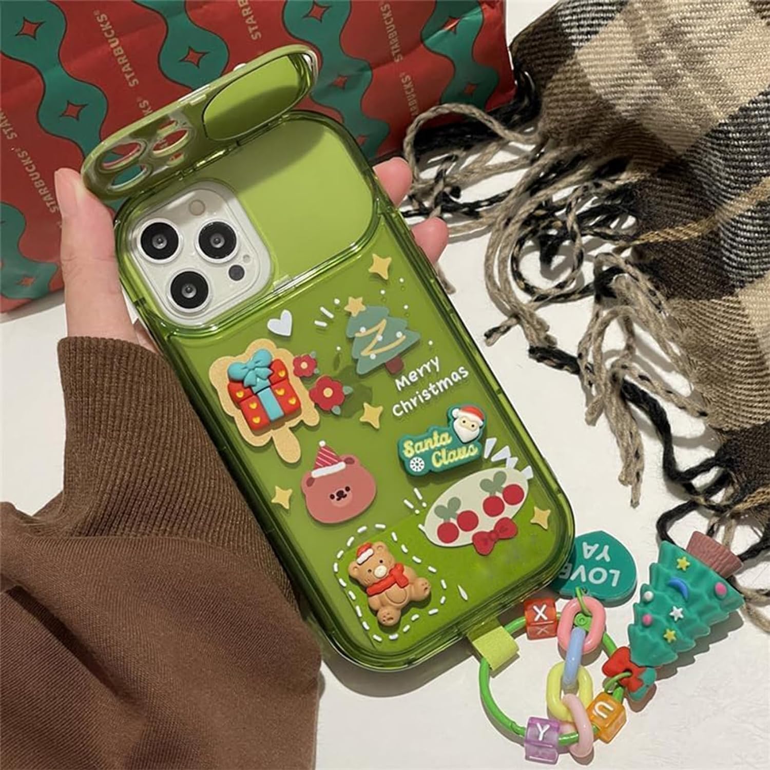 LELEBEAR Christmas Phone Case, Christmas Tree Pendant Flip Mirror Case Cover Suitable for iPhone 15 14 13 12 Series (Holiday red, 14PRO MAX)