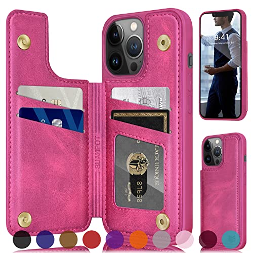 SUANPOT for iPhone 14 Pro Max 6.7" Wallet case with RFID Blocking Credit Card Holder,Flip Book PU Leather Phone case Protective Cover Cellphone Women Men for Apple 14 Pro Max case Wallet Rose Red