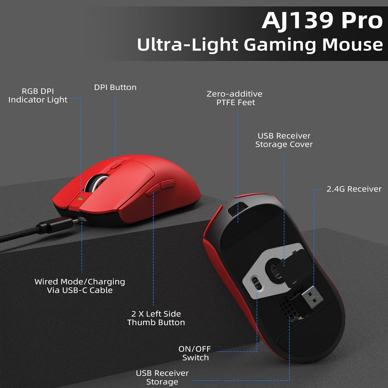 A.JAZZ AJ139 G Pro Wireless Gaming Mouse Ultra-Lightweight 59g with Dual Mode-Type C Wired/2.4Ghz USB Receiver up to 26000DPI 6 Programmable Button Ergonomic Symmetric for PS4 Xbox PC Mac Gamer(Red)