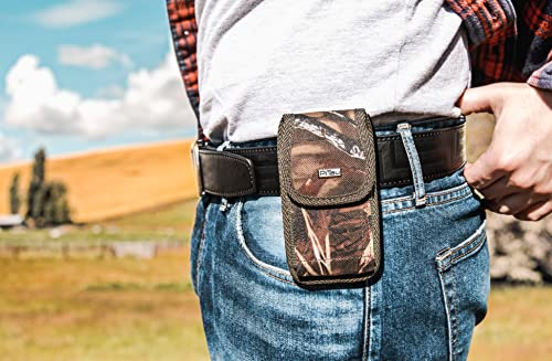 PiTau Cell Phone Belt Holder for iPhone 14, 14 Pro, 13, 13 Pro, 12, 12 Pro, 11, XR Camo Nylon Holster Case with Belt Clip Carrying Pouch Cover (Fits iPhone 14 13 12 11 with Protective Cases) Small