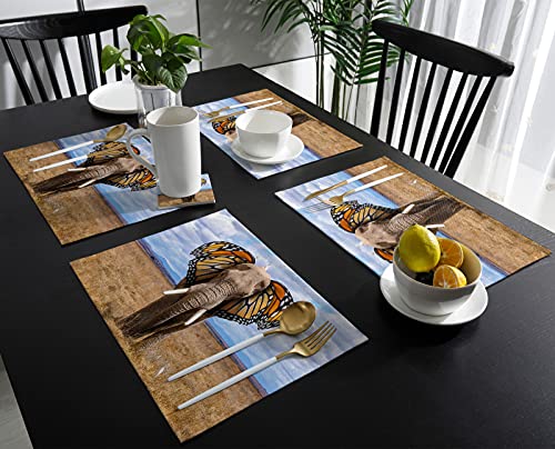 Big buy store Placemats Funny Elephant Butterfly Ears Abstract Fall Meadow Heat-Resistant Washable Place Mats Non Slip, Table Mats for Dinner Table Kitchen Outdoor Weeding Set of 6