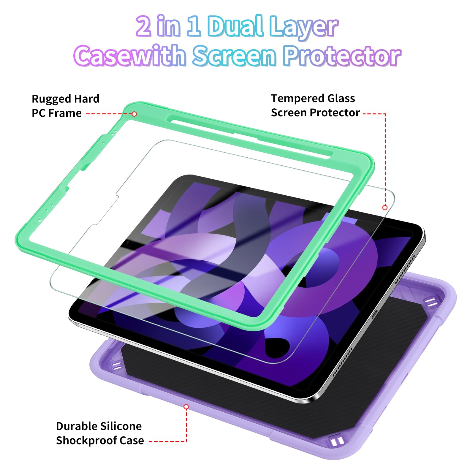 WESADN for iPad Air 5th Generation Case Pro 11 Inch Case 4th/3rd/2nd/1st with Screen Protector Foldable Kickstand Shoulder Strap Pencil Holder for Kids Girls Rugged Cover for iPad Air 4 Purple Teal