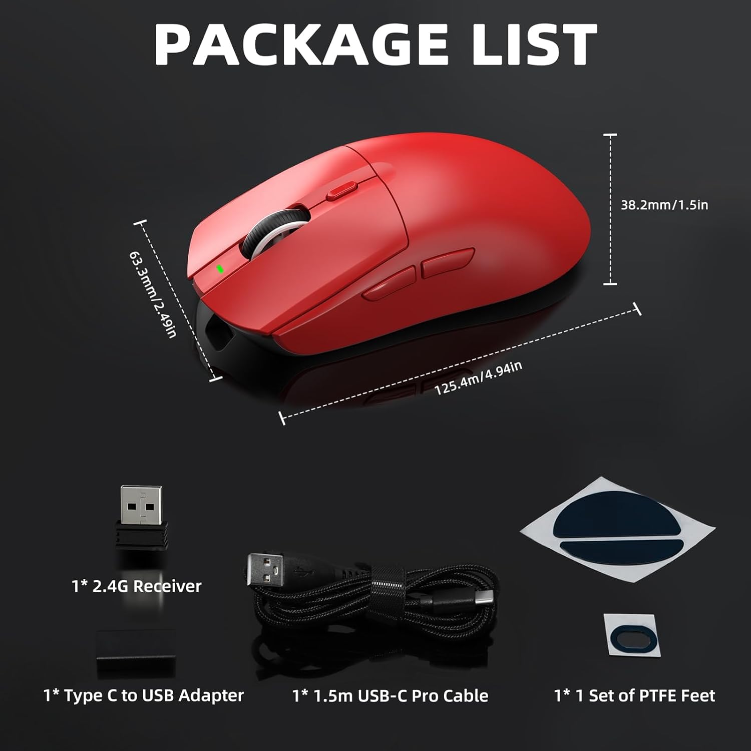 A.JAZZ AJ139 G Pro Wireless Gaming Mouse Ultra-Lightweight 59g with Dual Mode-Type C Wired/2.4Ghz USB Receiver up to 26000DPI 6 Programmable Button Ergonomic Symmetric for PS4 Xbox PC Mac Gamer(Red)