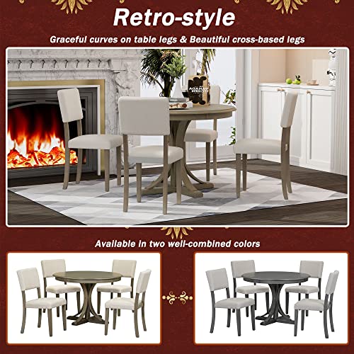 LCH 5-Piece Round, Retro Set with Curved Trestle Style Table Legs and 4 Upholstered Chairs for Dining, Kitchen Room (Taupe)