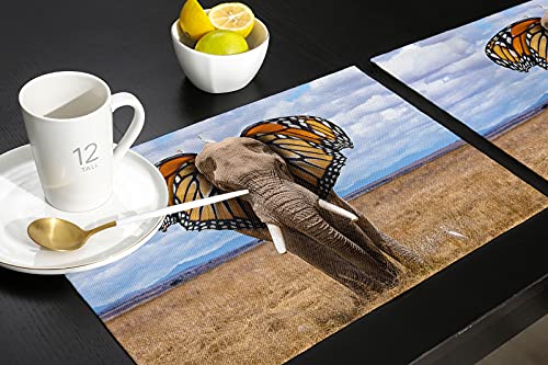 Big buy store Placemats Funny Elephant Butterfly Ears Abstract Fall Meadow Heat-Resistant Washable Place Mats Non Slip, Table Mats for Dinner Table Kitchen Outdoor Weeding Set of 6