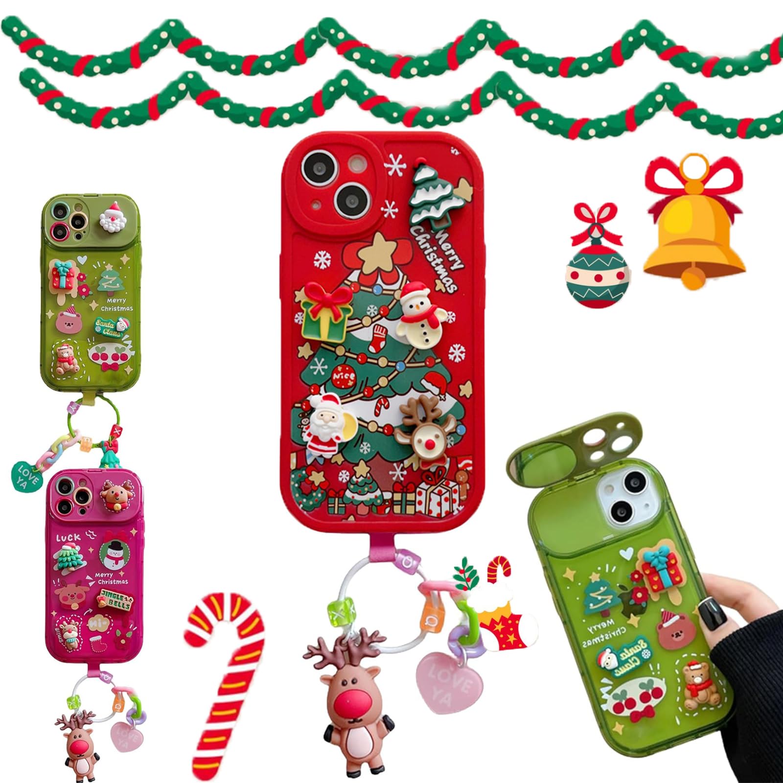 LELEBEAR Christmas Phone Case, Christmas Tree Pendant Flip Mirror Case Cover Suitable for iPhone 15 14 13 12 Series (Holiday red, 14PRO MAX)
