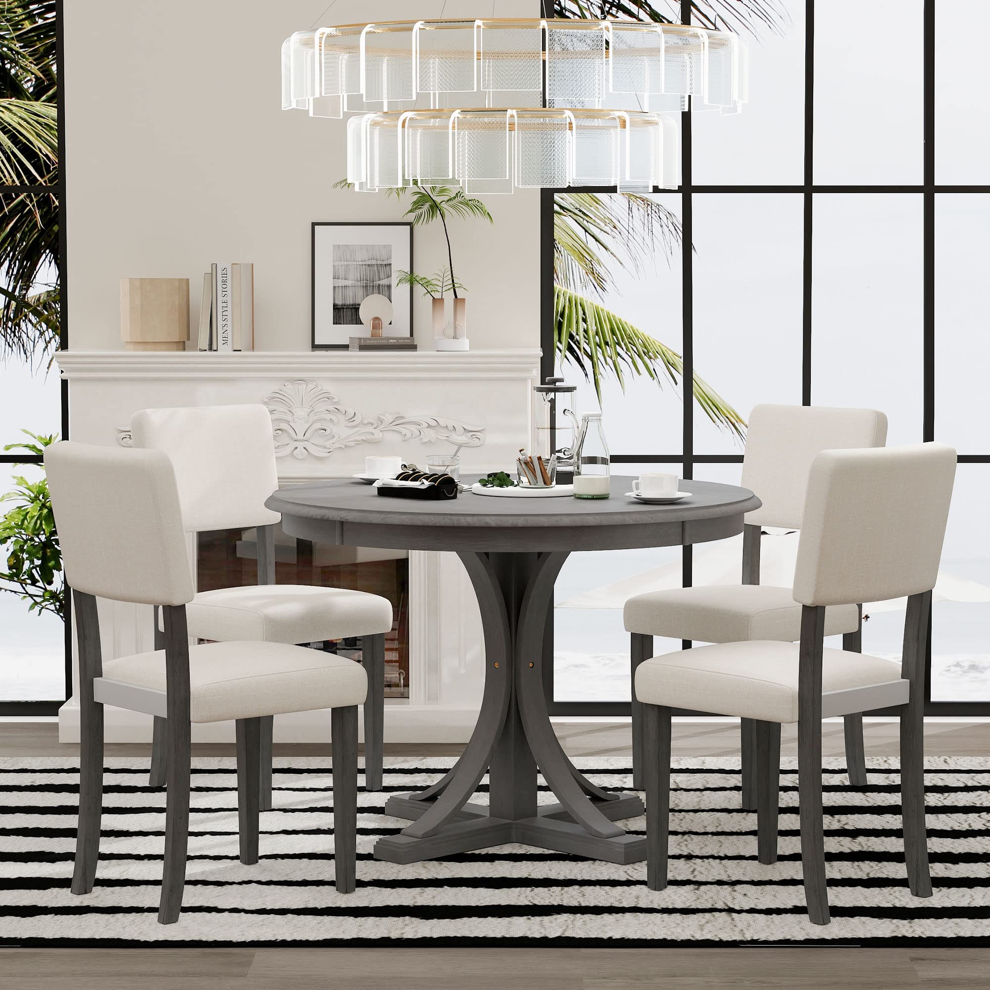 Harper & Bright Designs 5 Pieces Dining Table Set Round Wood Dining Table with Curved Trestle Legs and 4 Upholstered Chairs for Dining Room and Living Room, Kitchen Furniture Retro Style (Dark Gray)