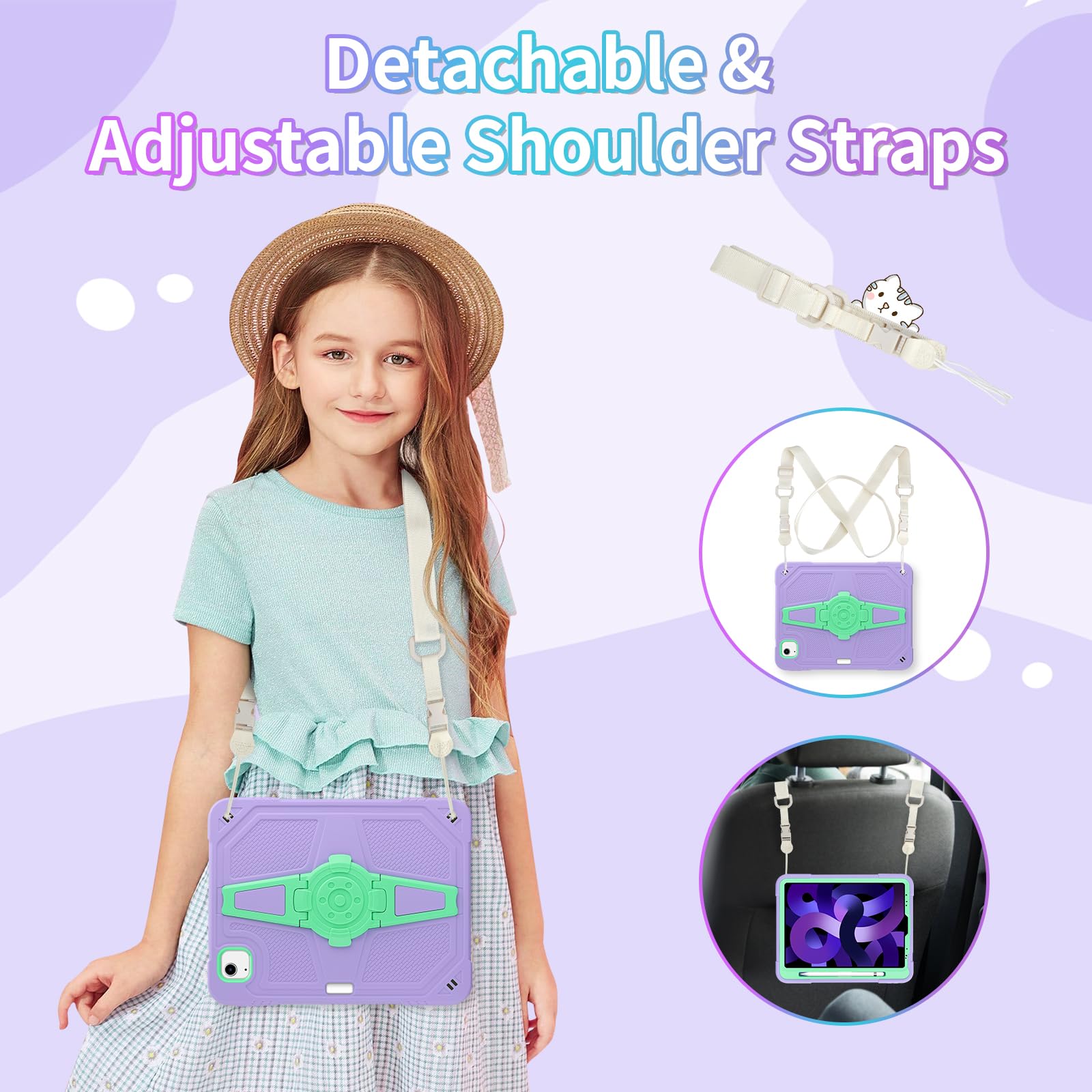 WESADN for iPad Air 5th Generation Case Pro 11 Inch Case 4th/3rd/2nd/1st with Screen Protector Foldable Kickstand Shoulder Strap Pencil Holder for Kids Girls Rugged Cover for iPad Air 4 Purple Teal