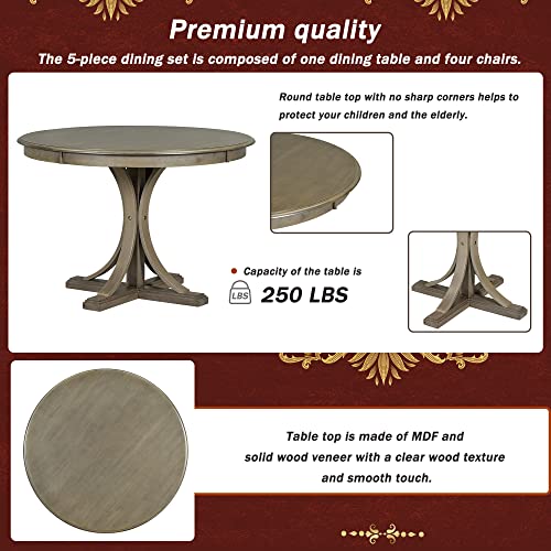 LCH 5-Piece Round, Retro Set with Curved Trestle Style Table Legs and 4 Upholstered Chairs for Dining, Kitchen Room (Taupe)