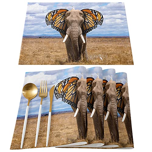 Big buy store Placemats Funny Elephant Butterfly Ears Abstract Fall Meadow Heat-Resistant Washable Place Mats Non Slip, Table Mats for Dinner Table Kitchen Outdoor Weeding Set of 6