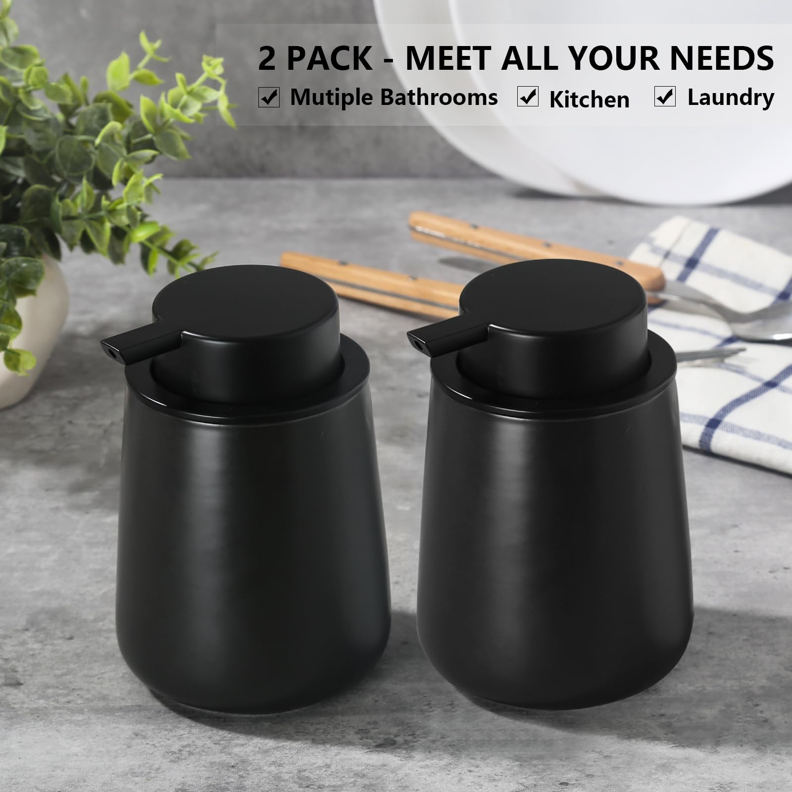 Mierting Foaming Soap Dispenser, 2 Pack Black Foam Hand Soap Dispenser for Bathroom & Kitchen, 12 Oz Modern Ceramic Hand and Dish Foaming Pump Bottle, Refillable Lotion Liquid Foam Pump Dispensers