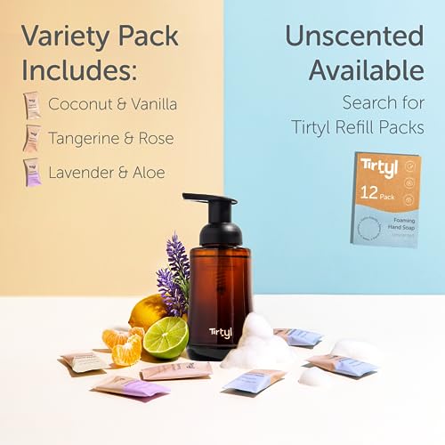 Tirtyl Hand Soap Duo Kit - 2 Amber Glass Foaming Dispensers + Storage Tin + 6 Tablet Refills (48 fl oz total - 6x 8 fl oz) - NEW Formula - Compostable Packaging - Variety Fragrances
