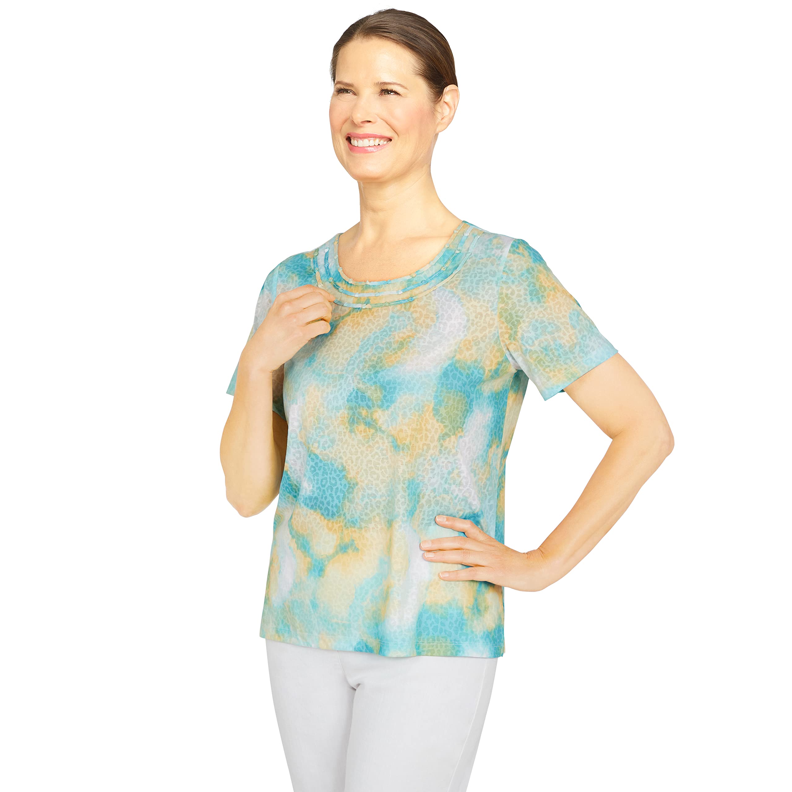 Alfred Dunner Womens Animal Tie Dye Burnout Top, Aqua/Lemon, S
