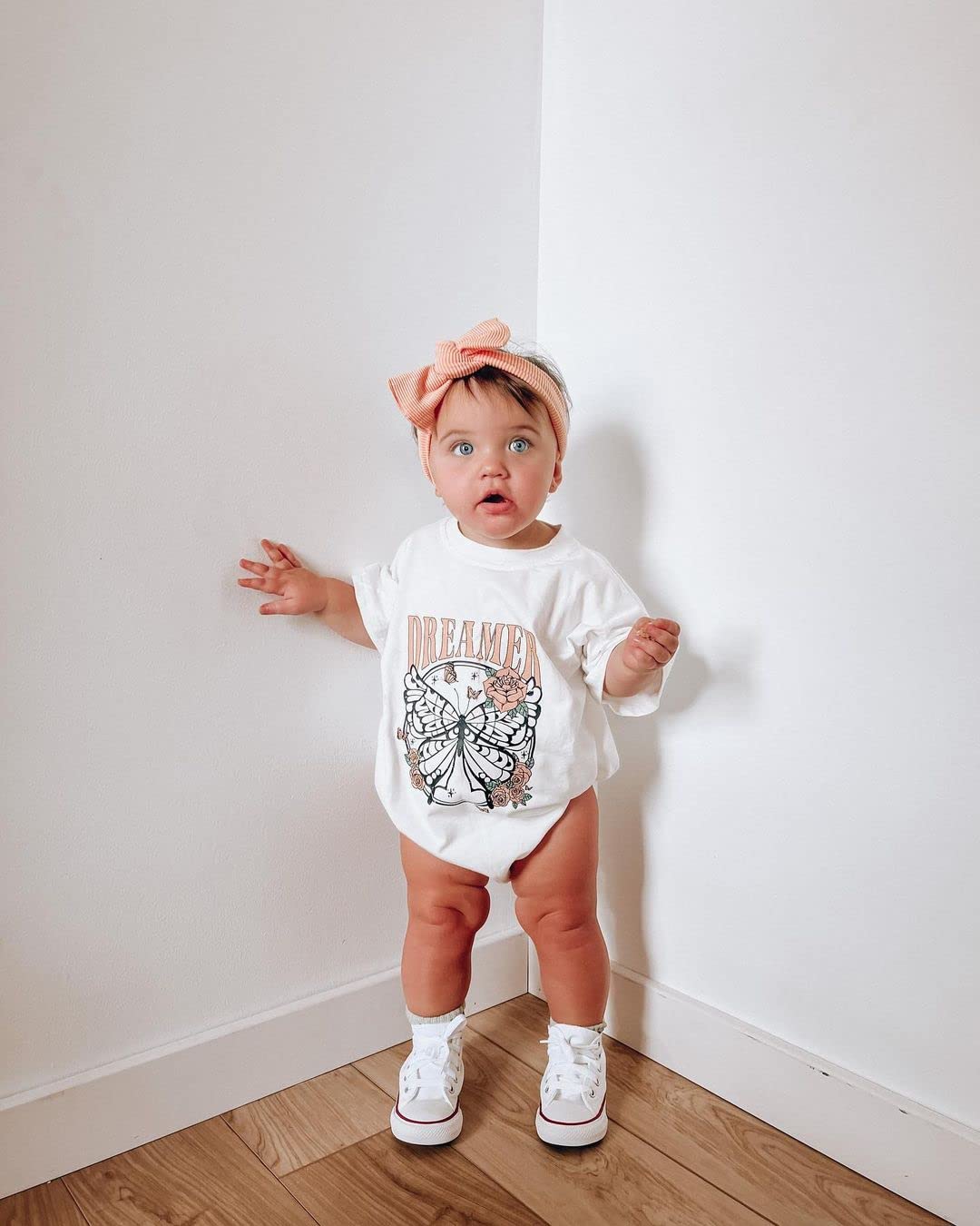 sdghg 0-18M Infant Baby Girl Short Sleeve Romper Spring Summer Bodysuit Headband Romper Butterfly Jumpsuit Bubble Bodysuit (Apricot, 0-3 Months)