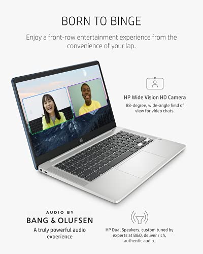 HP Chromebook 14 Laptop, Intel Celeron Processor, 4 GB RAM, 32 GB eMMC, 14” HD (1366 x 768) Touchscreen, Chrome OS, Webcam & Dual Mics, Work, Entertainment, Long Battery Life (14a-na0150nr, 2021)