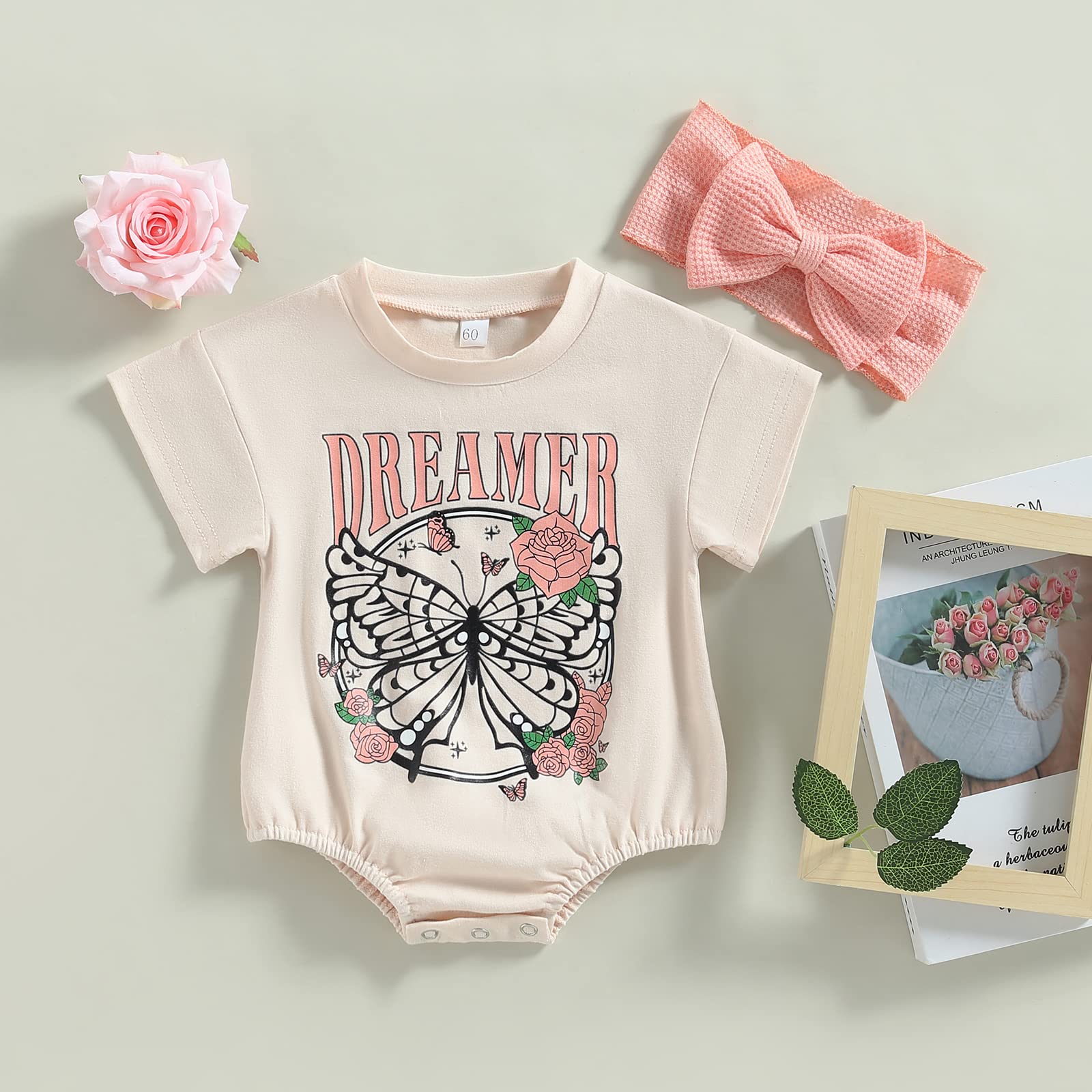 sdghg 0-18M Infant Baby Girl Short Sleeve Romper Spring Summer Bodysuit Headband Romper Butterfly Jumpsuit Bubble Bodysuit (Apricot, 0-3 Months)