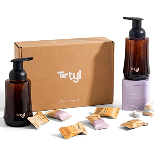 Tirtyl Hand Soap Duo Kit - 2 Amber Glass Foaming Dispensers + Storage Tin + 6 Tablet Refills (48 fl oz total - 6x 8 fl oz) - NEW Formula - Compostable Packaging - Variety Fragrances
