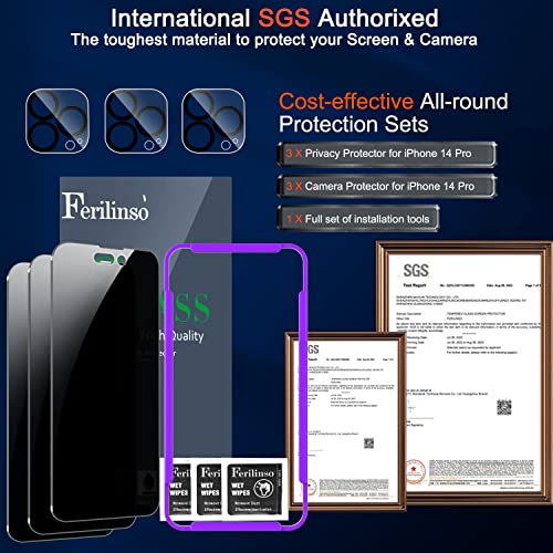 Ferilinso 3 Pack for Apple iPhone 14 Pro Privacy Screen Protector Tempered Glass Accessories 9H Anti Spy Privacy Screen for iPhone 14 Pro 3 Pack Camera Lens Protector Case Friendly