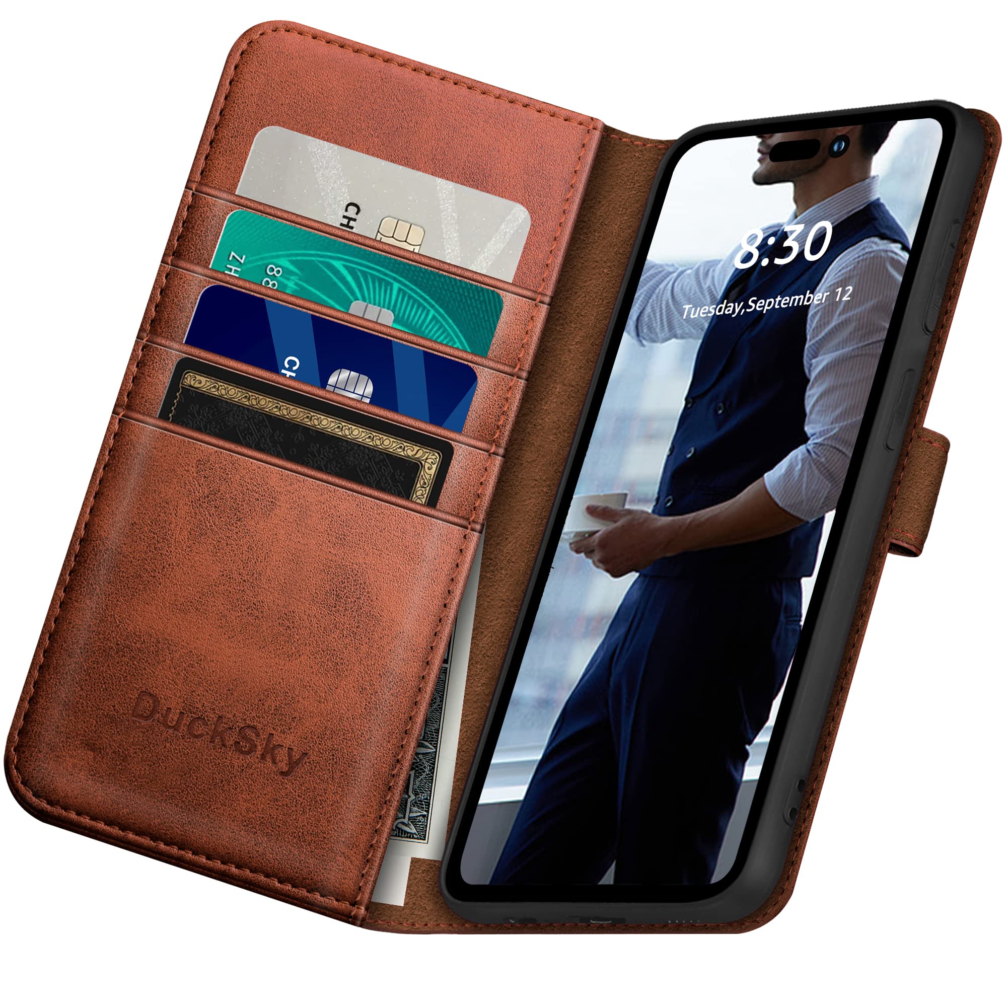 DuckSky for iPhone 14 Pro 6.1"Genuine Leather Wallet case 【RFID Blocking】【4 Credit Card Holder】【Real Leather】Flip Folio Book Phone case Protective Cover Women Men for Apple 14Pro 5G case Light Brown