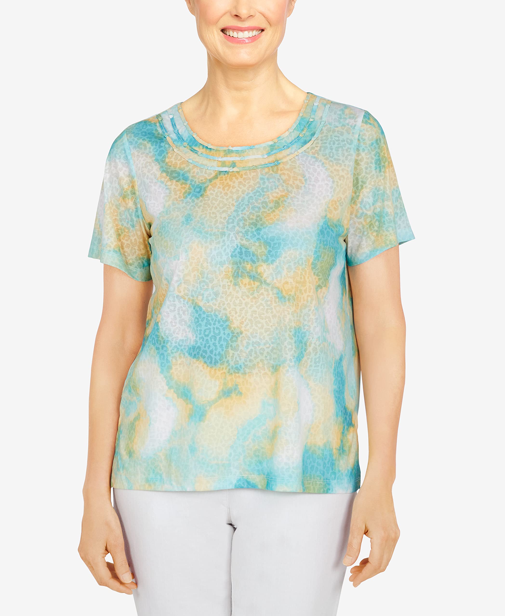 Alfred Dunner Womens Animal Tie Dye Burnout Top, Aqua/Lemon, S
