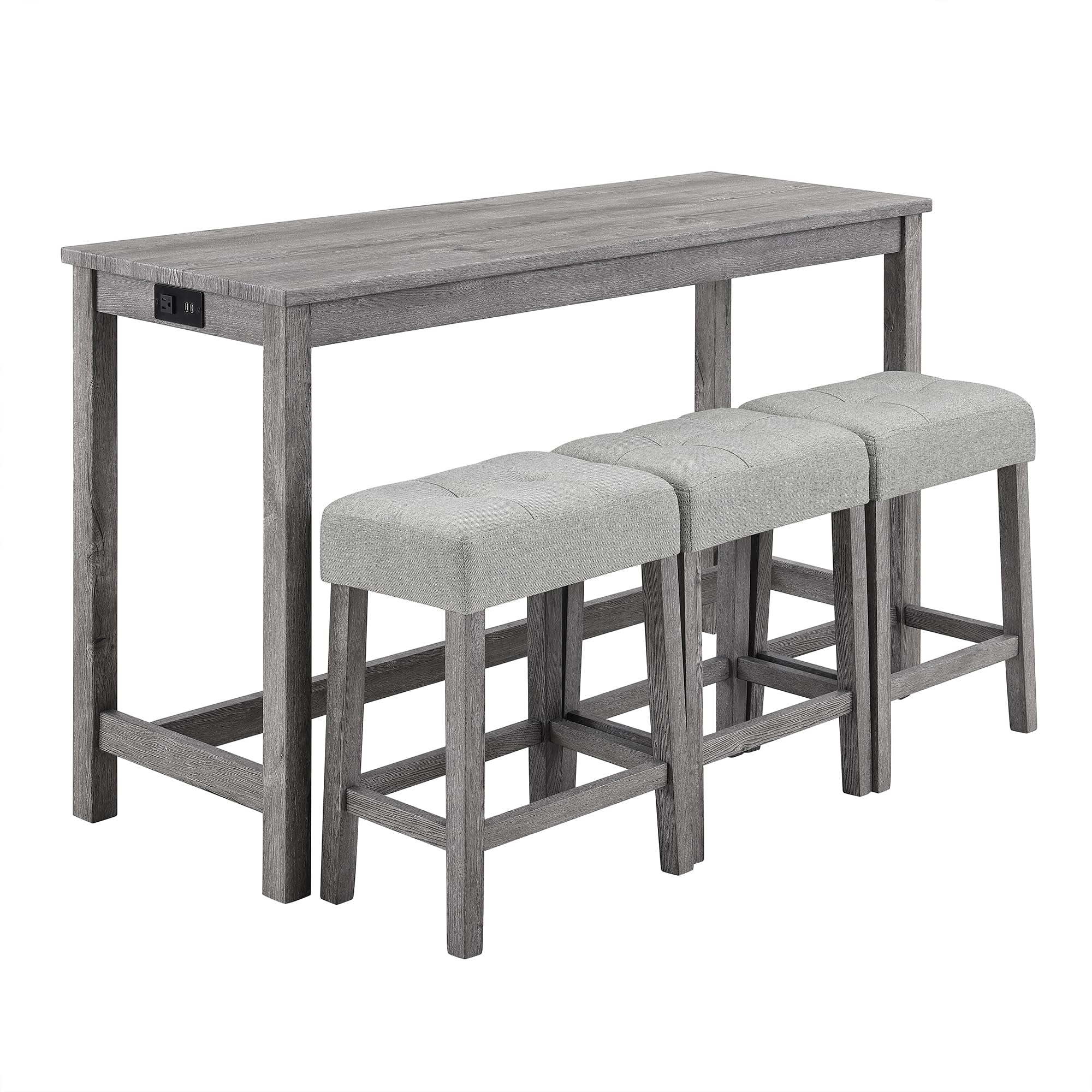 LKTART 4 Piece Bar Table Set Dining Bar Table and Chairs Set with Power Outlet Industrial Breakfast Table with 3 Padded Stools Rustic Bar Kitchen Dinning Room Living Room Grey