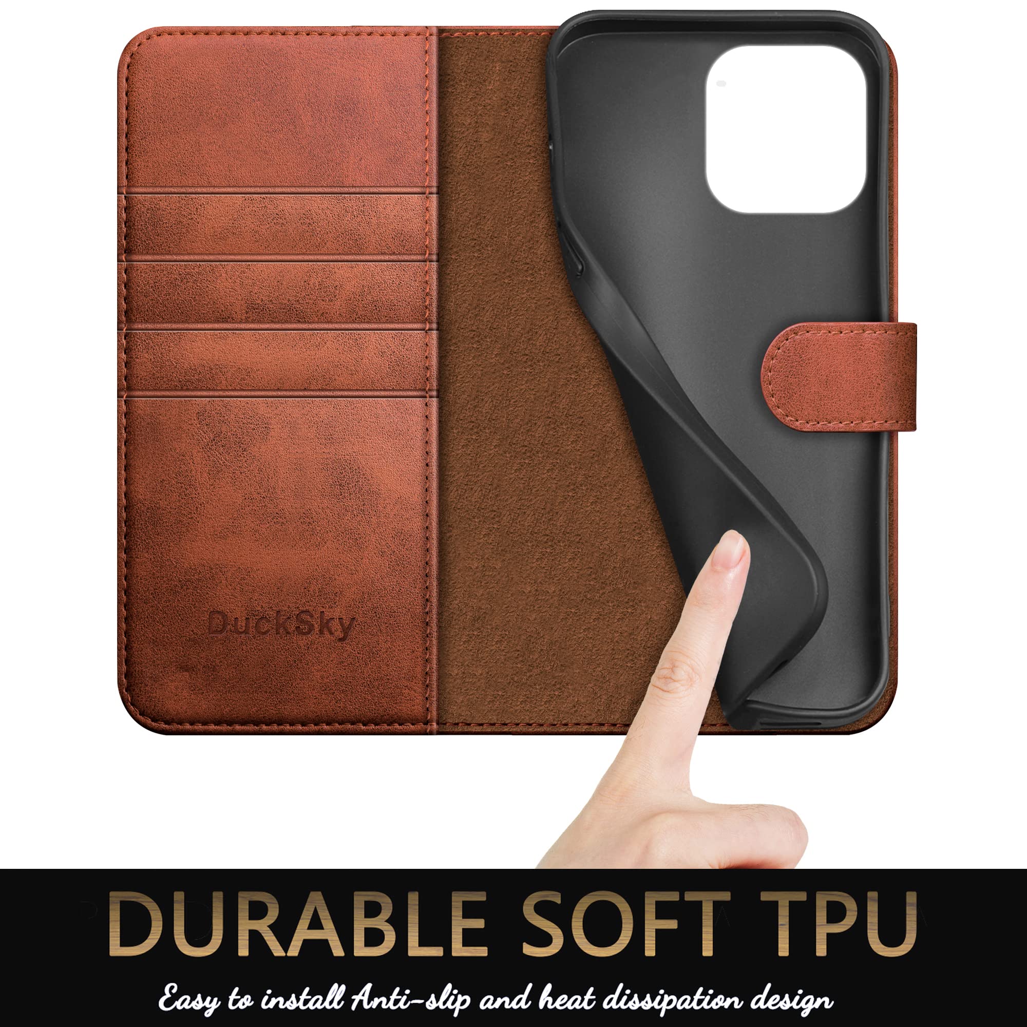DuckSky for iPhone 14 Pro 6.1"Genuine Leather Wallet case 【RFID Blocking】【4 Credit Card Holder】【Real Leather】Flip Folio Book Phone case Protective Cover Women Men for Apple 14Pro 5G case Light Brown