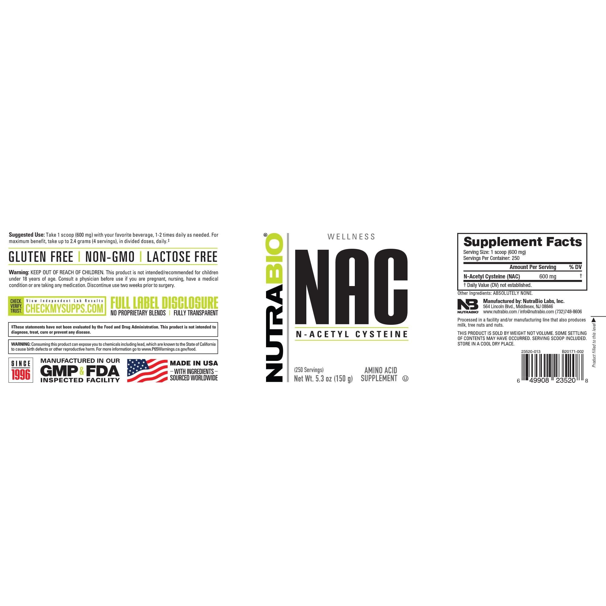 NutraBio N-Acetyl Cysteine Supplement (NAC) - 150 Grams Powder, 600mg Serving - Powerful Anti-Oxidant - Immune Support - No Fillers - Non-GMO - Gluten Free