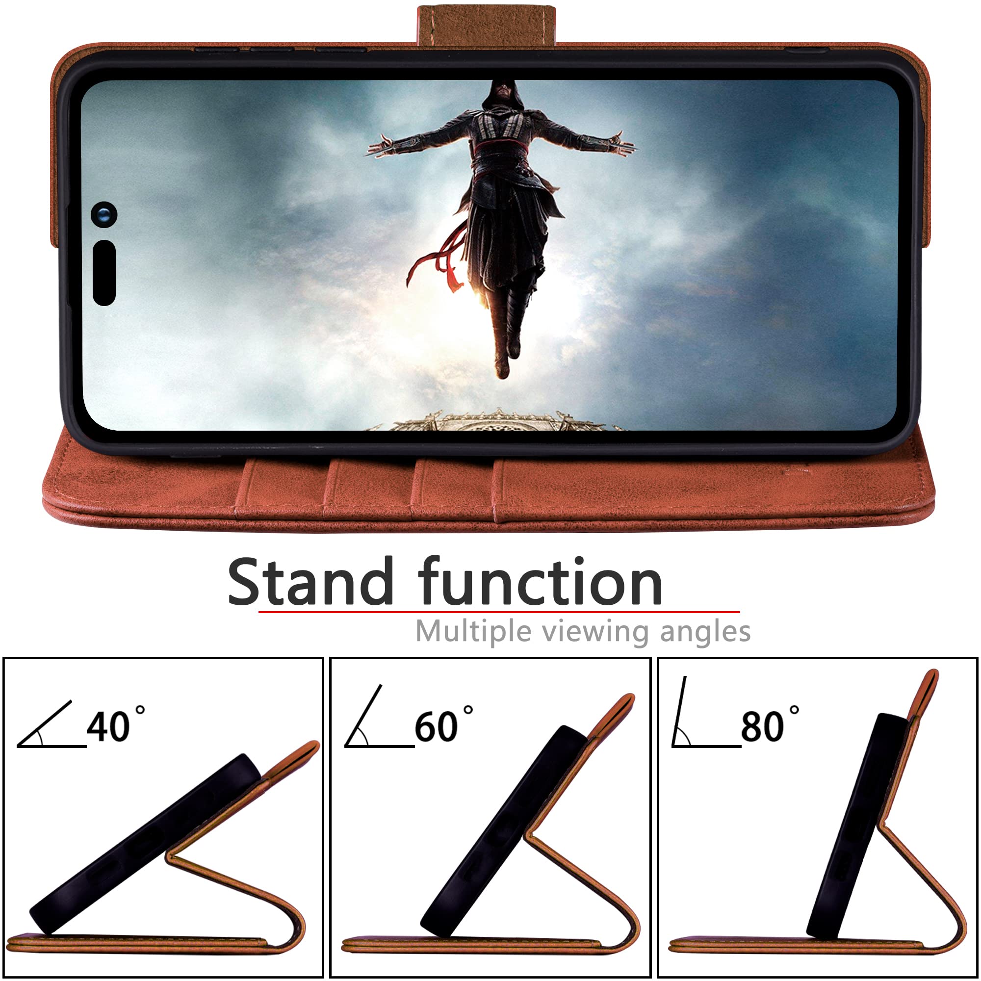 DuckSky for iPhone 14 Pro 6.1"Genuine Leather Wallet case 【RFID Blocking】【4 Credit Card Holder】【Real Leather】Flip Folio Book Phone case Protective Cover Women Men for Apple 14Pro 5G case Light Brown