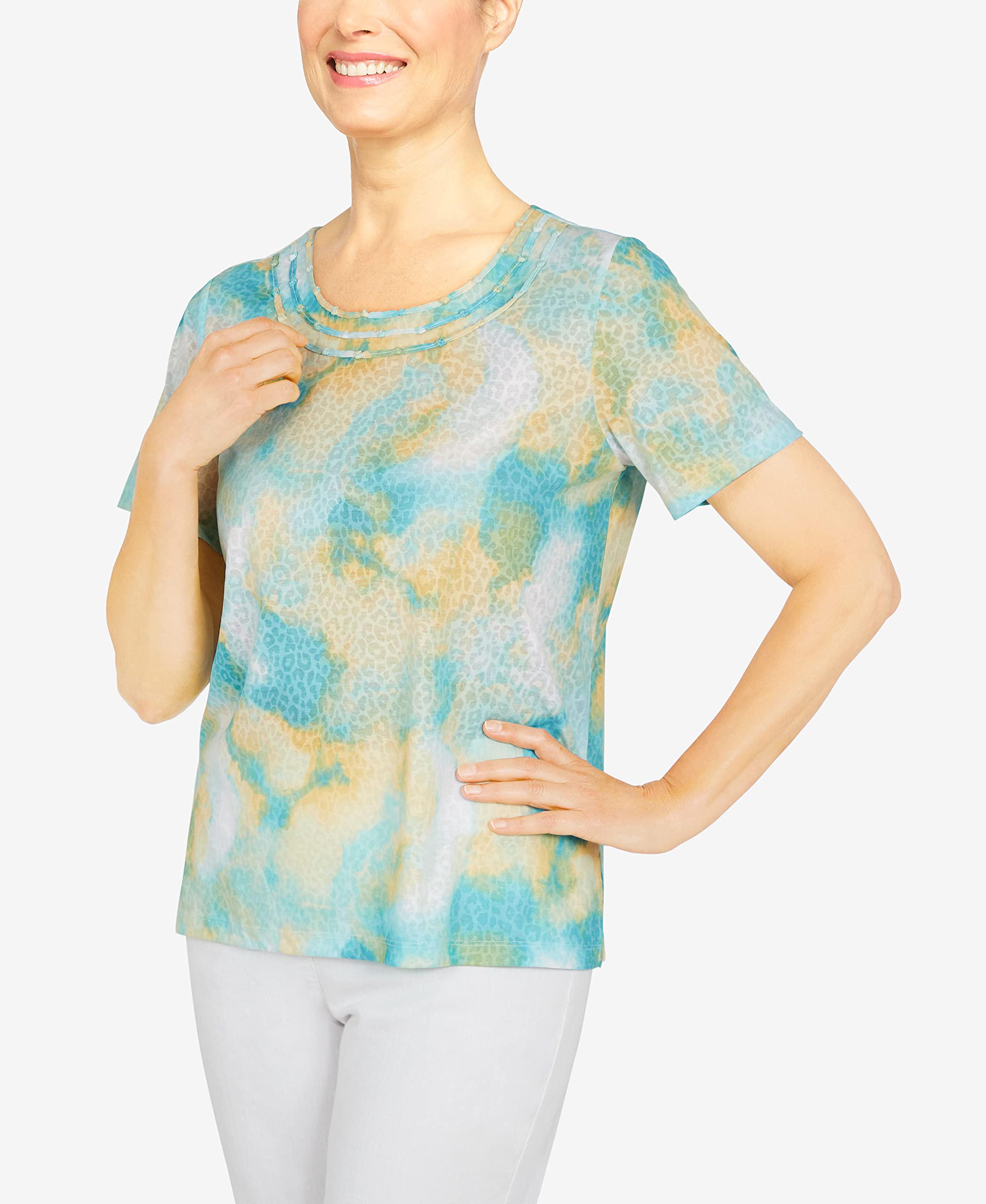 Alfred Dunner Womens Animal Tie Dye Burnout Top, Aqua/Lemon, S